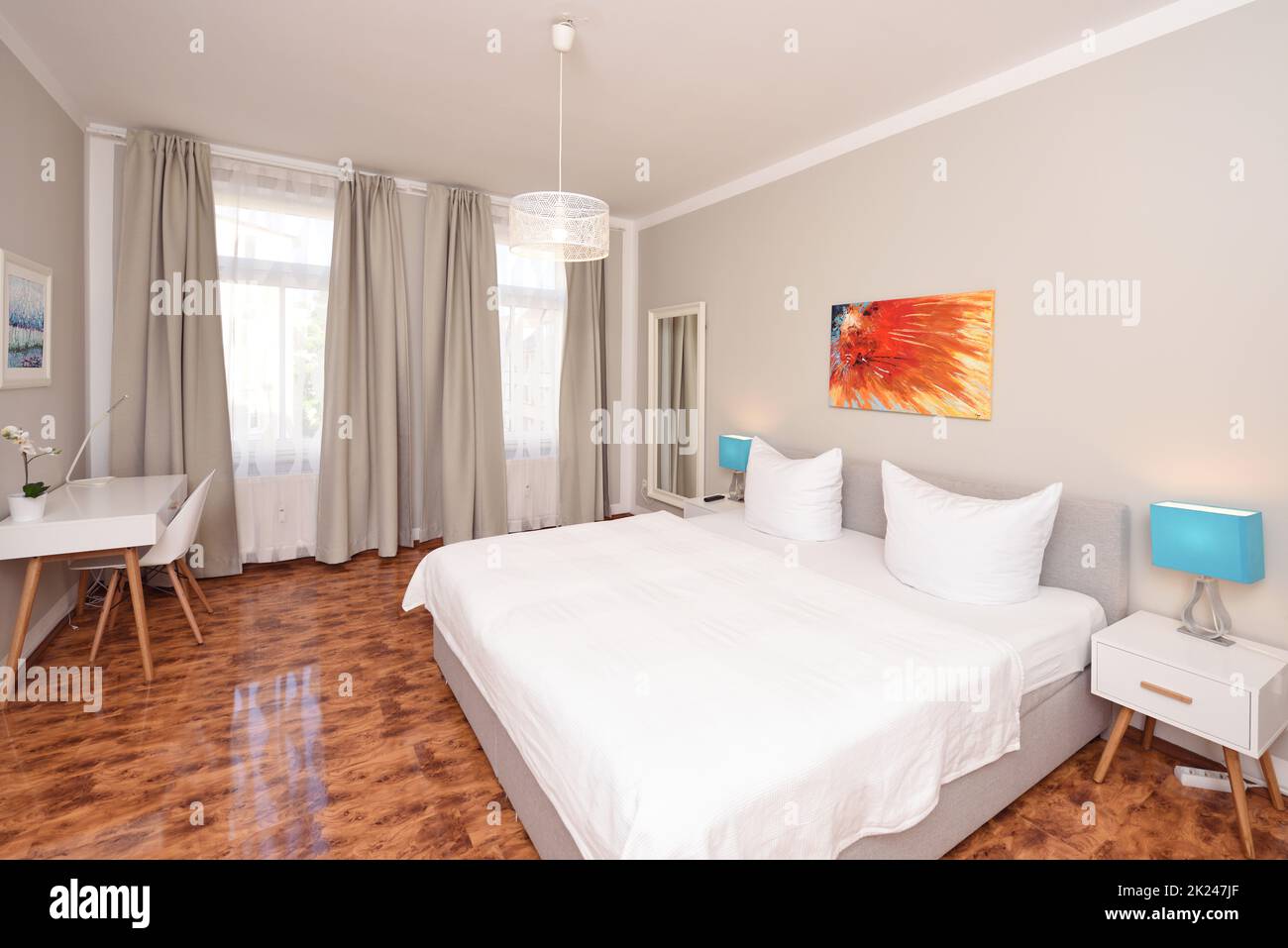 home bed room interior indoor white bed wooden floor backlight window ...