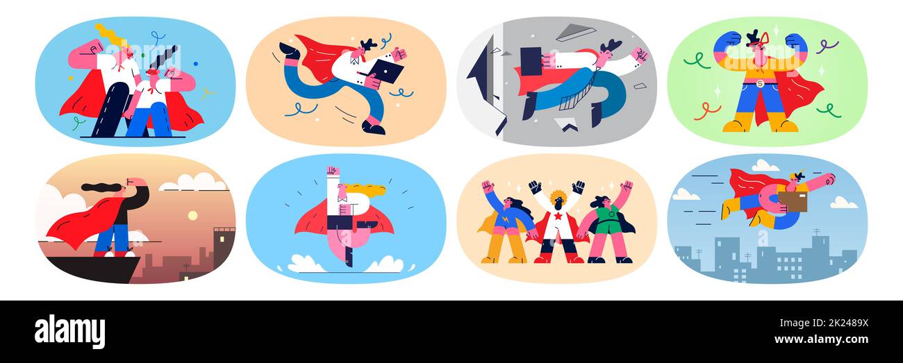 Set of businesspeople as superheroes show power and strength at ...