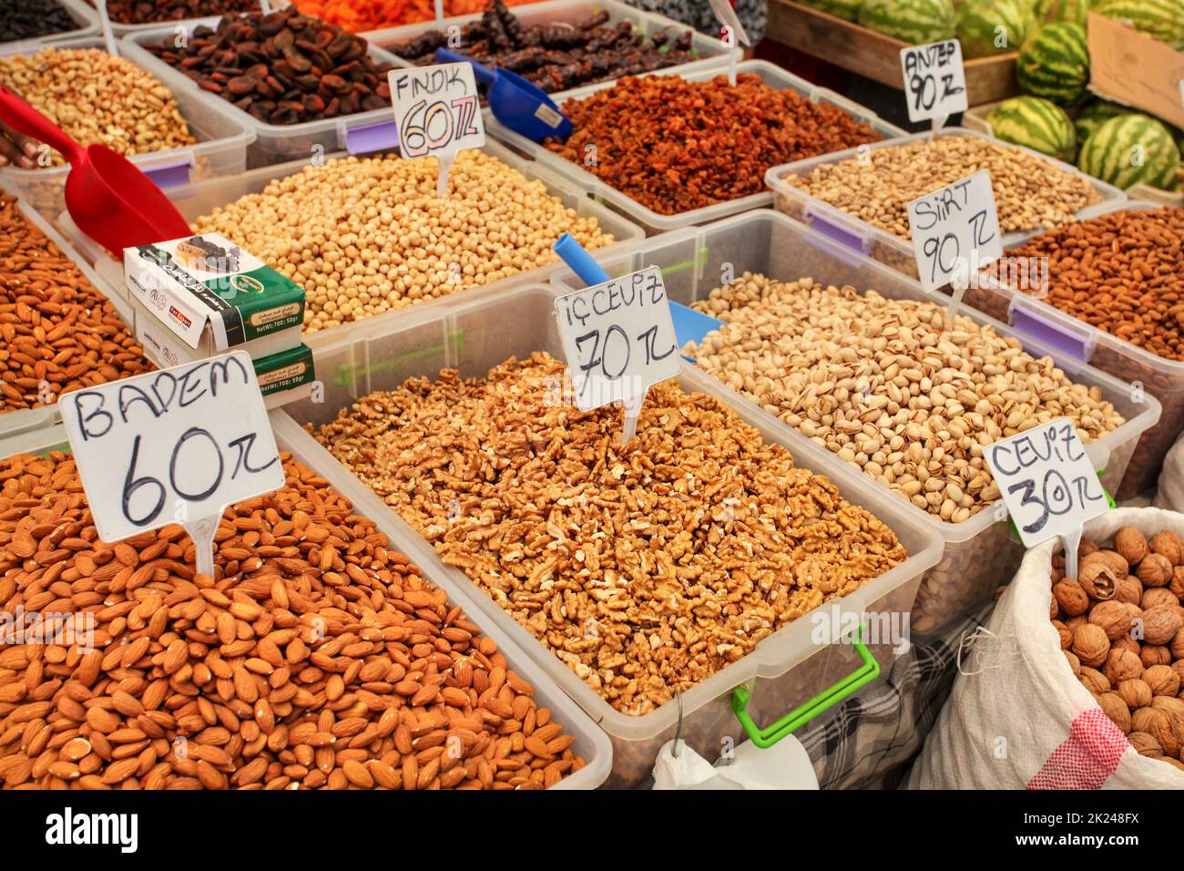 Kyrenia, Cyprus - August 1st, 2018: Variety of nuts displayed on local ...