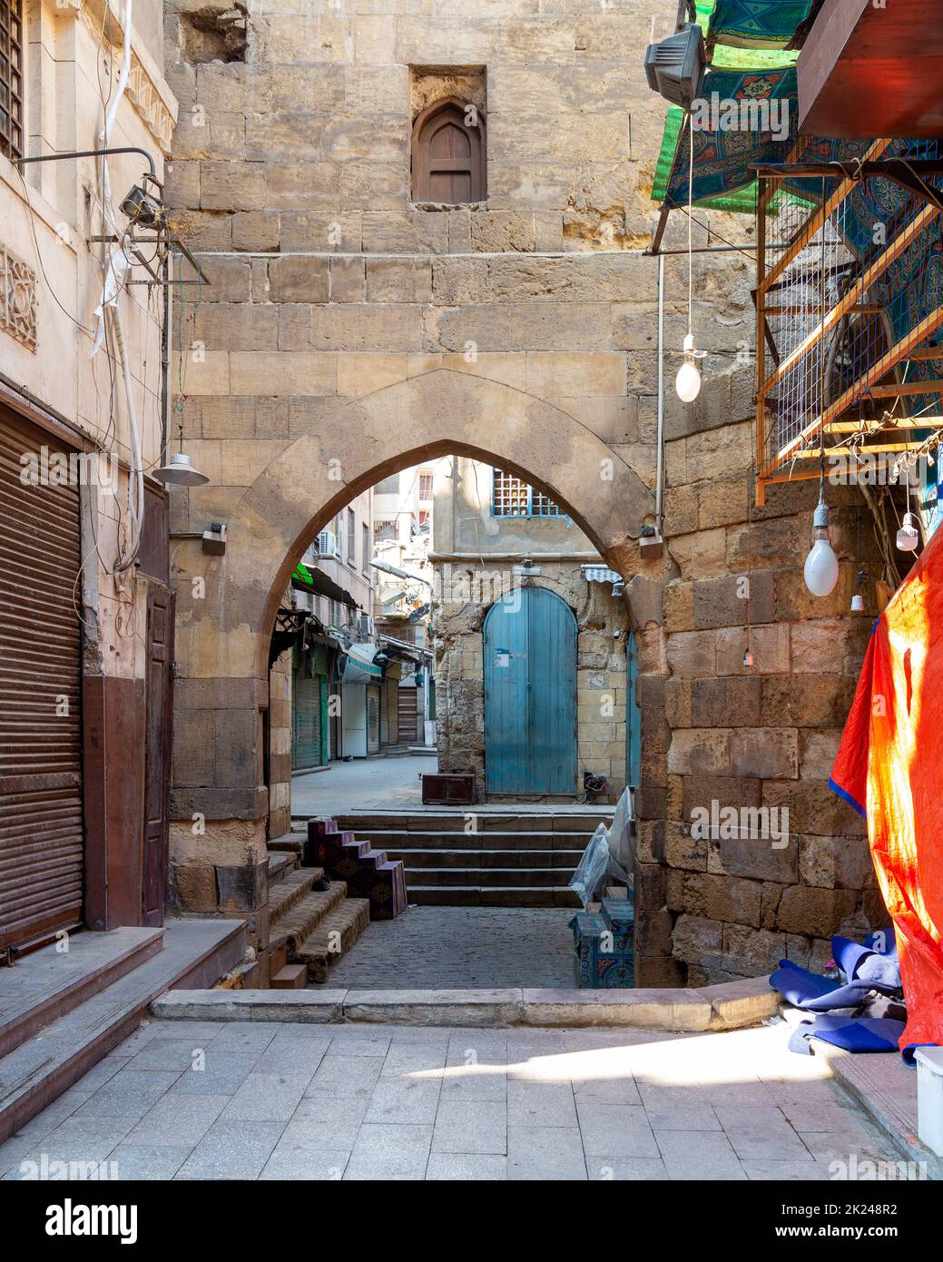 Alley at old historic Mamluk era Khan al-Khalili famous bazaar and souq ...