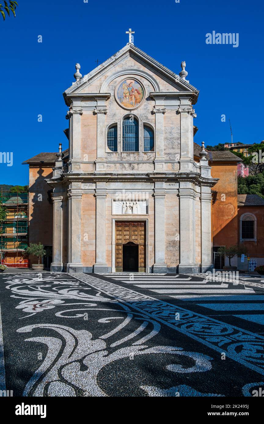 Church with the typical ligurian parvis in the village of Zoagli on the ...