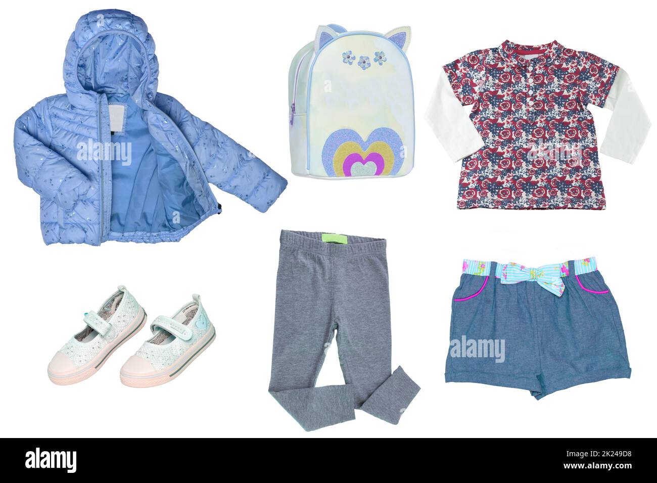 Collage set of little girl spring clothing isolated on a white ...