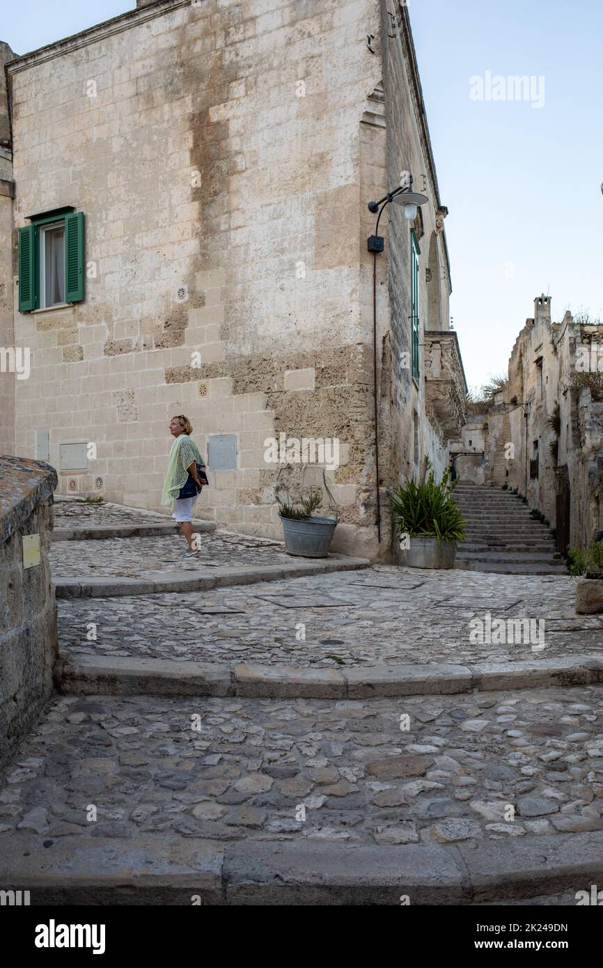 Matera, Italy - September 14, 2019: Typical cobbled stairs in a side ...