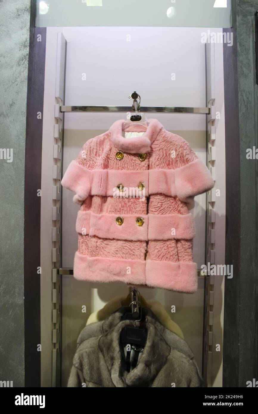The womans many color winter fur clothes in fashion shop at Turkey ...