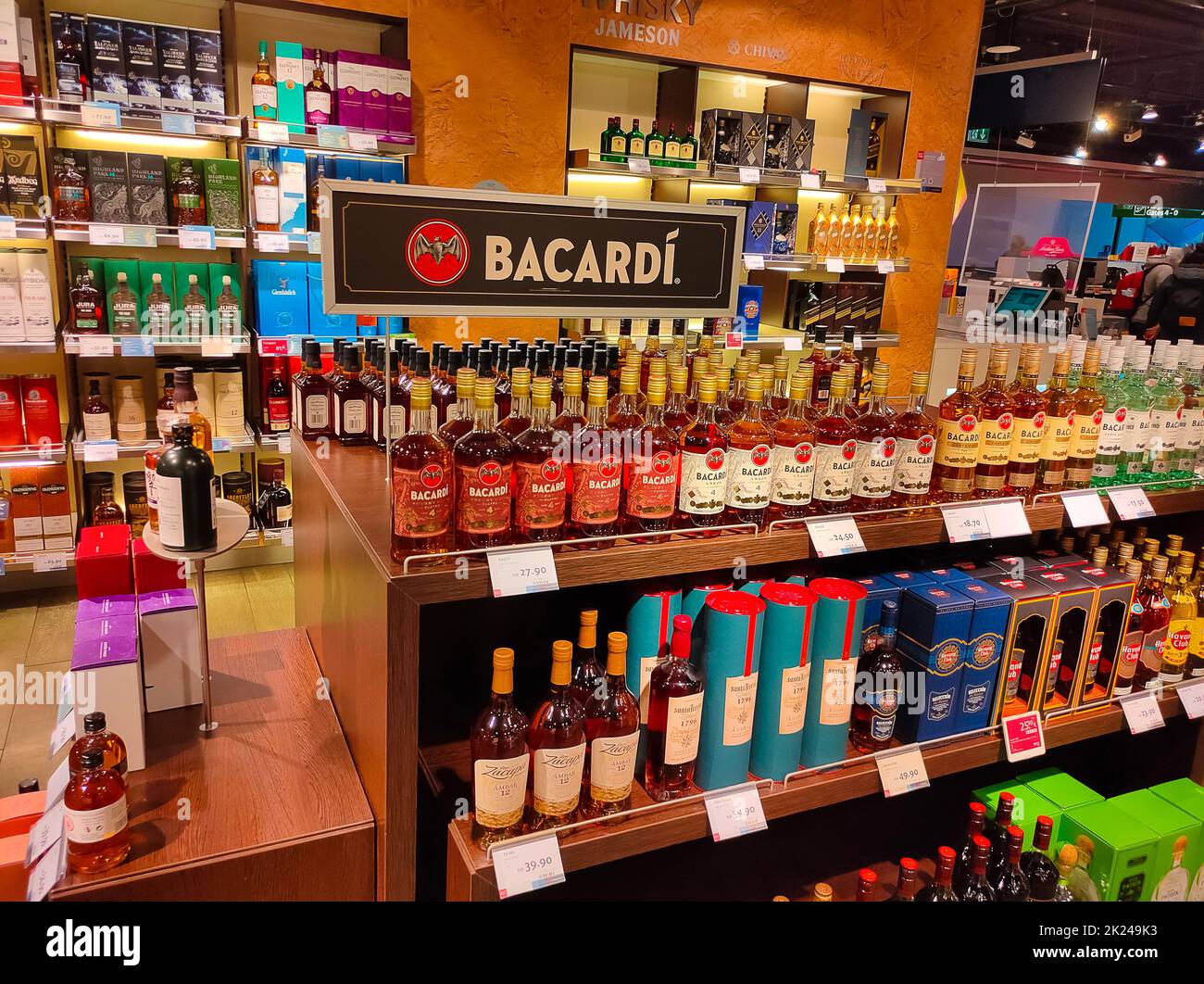 Dortmund, Germany - December 28, 2021: A display of bottles of Bacardi ...