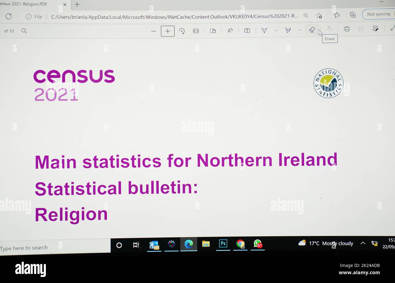 A laptop displays the religion section of the NI Census 2021 figures ...