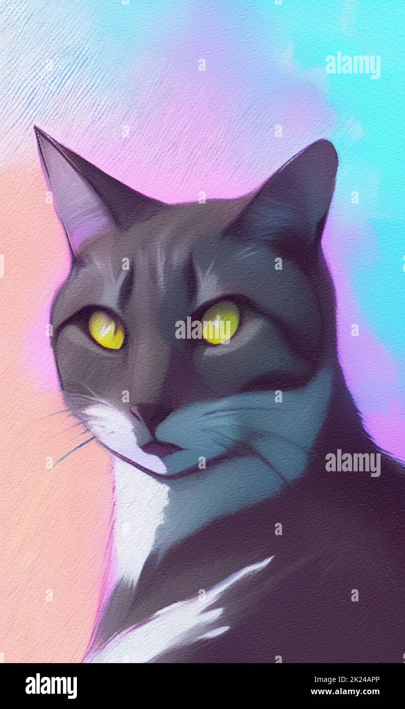 Oil painting portrait of beautiful cute cat. Kitten face wall art print ...