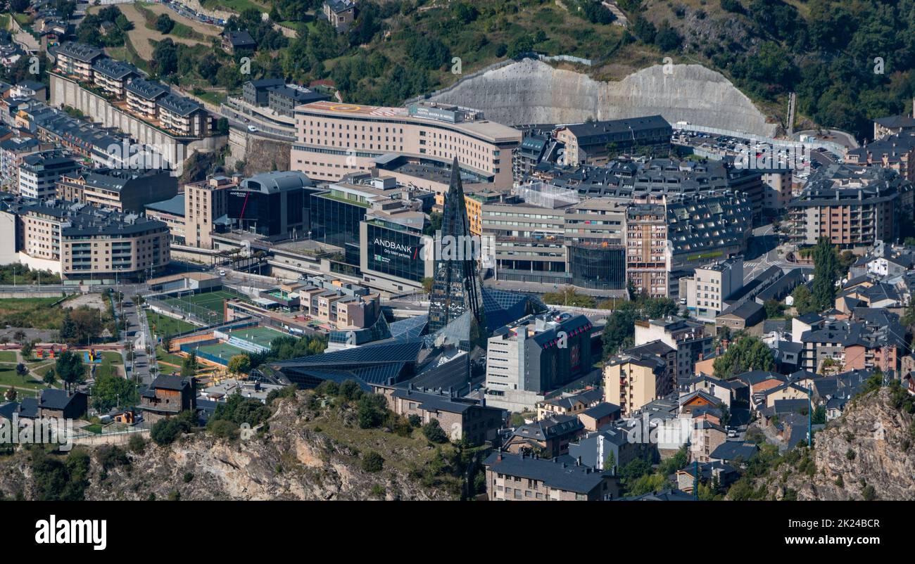 A picture of the city of Andorra la Vella, centered on the Caldea ...