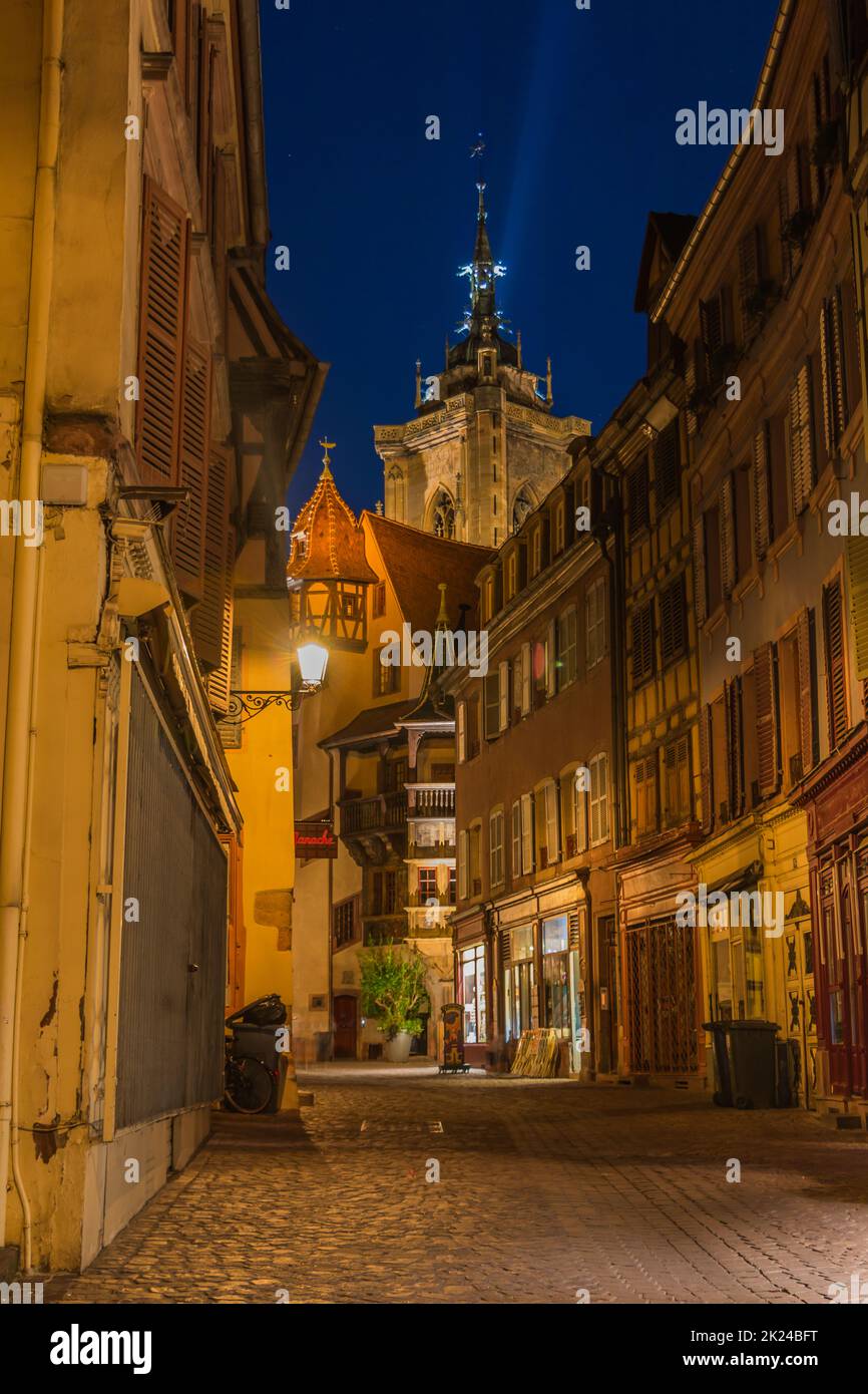 A picture of a narrow pedestrian street, in Colmar, at night Stock ...