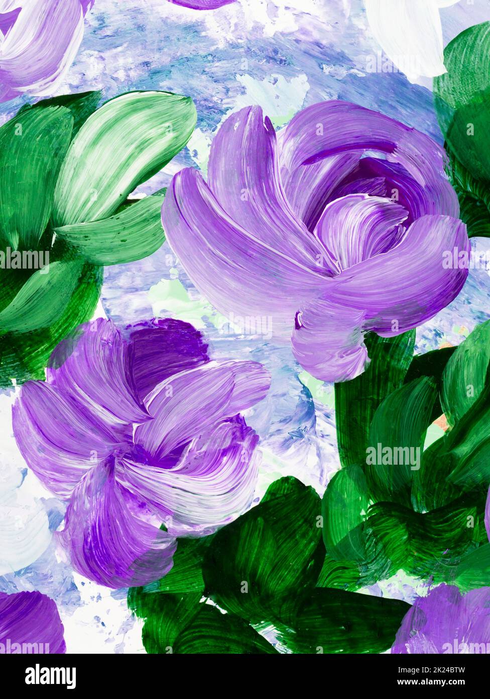 Abstract purple flowers, original hand drawn, impressionism style ...
