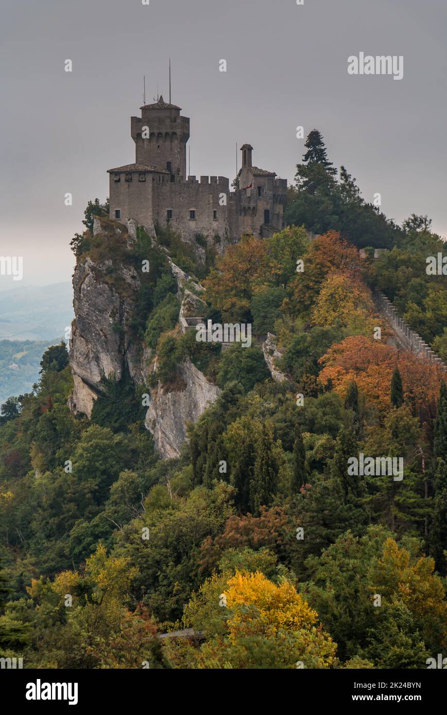 A picture of the Torre Cesta at the top of Mount Titano, in San Marino ...