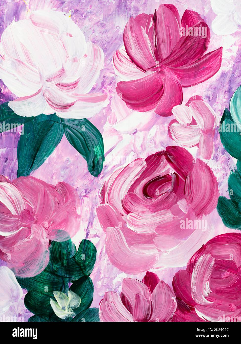 Abstract pink flowers, original hand drawn, impressionism style, color ...