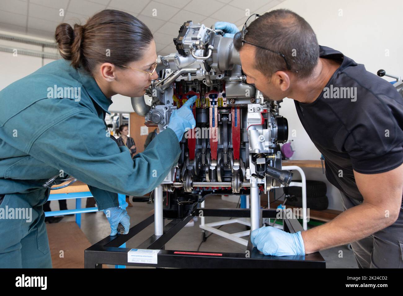 Bourges, France, September 22, 2022. Students learn to repair engines ...