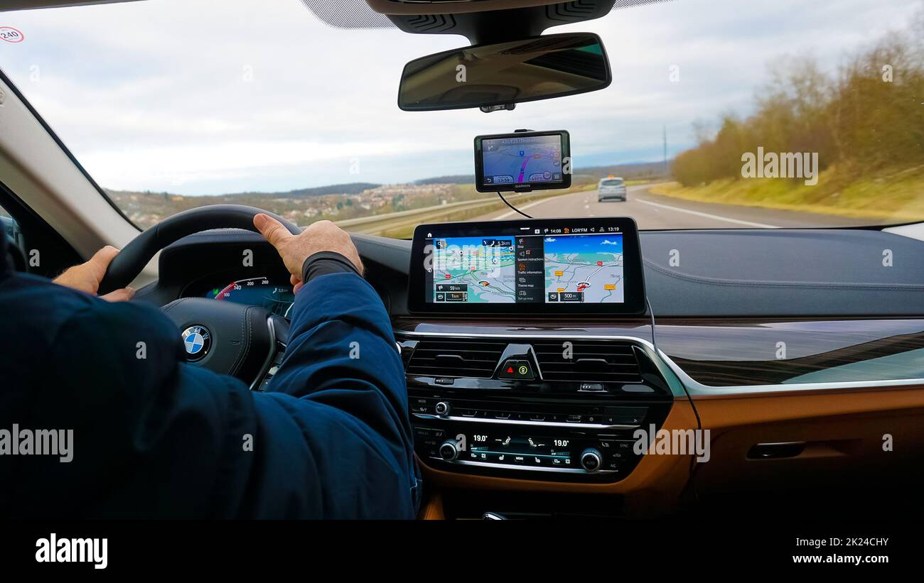 Satellite navigation screen in car dashboard hi-res stock photography ...