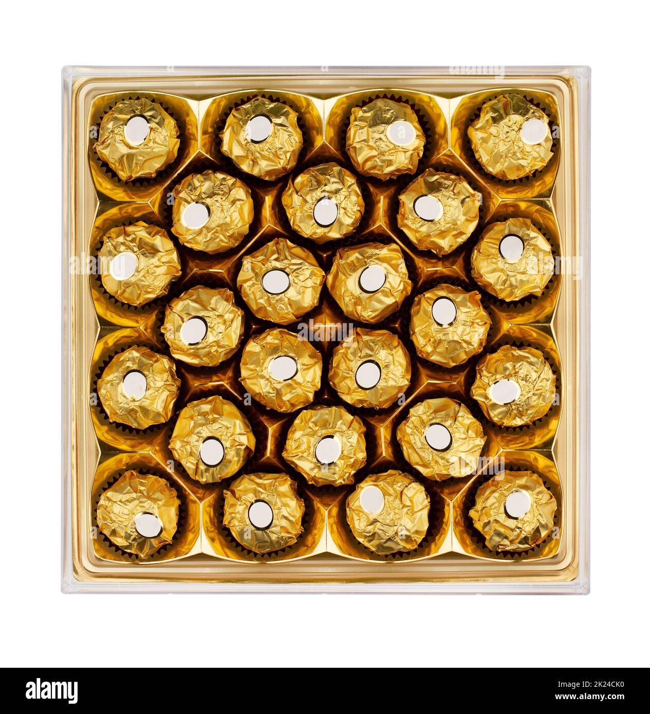 top view of square shaped sweet dessert box with many round chocolate ...