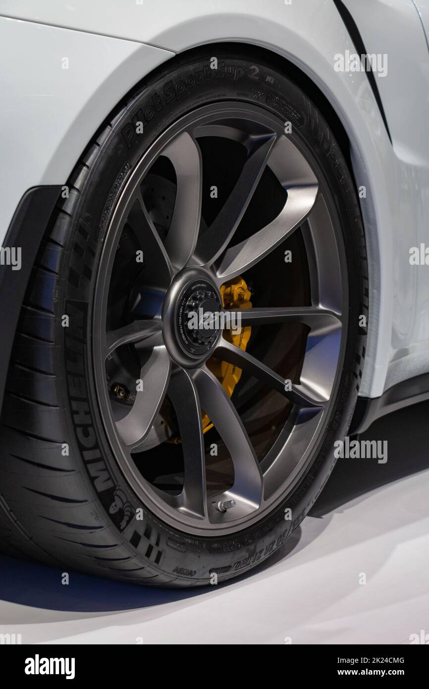 A close-up picture of the tire of a Porsche 911 GT3 RS, captured in an ...