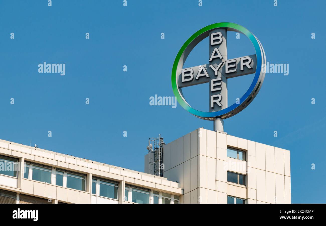 A picture of Bayer's logo on top of their Berlin's headquarters Stock ...