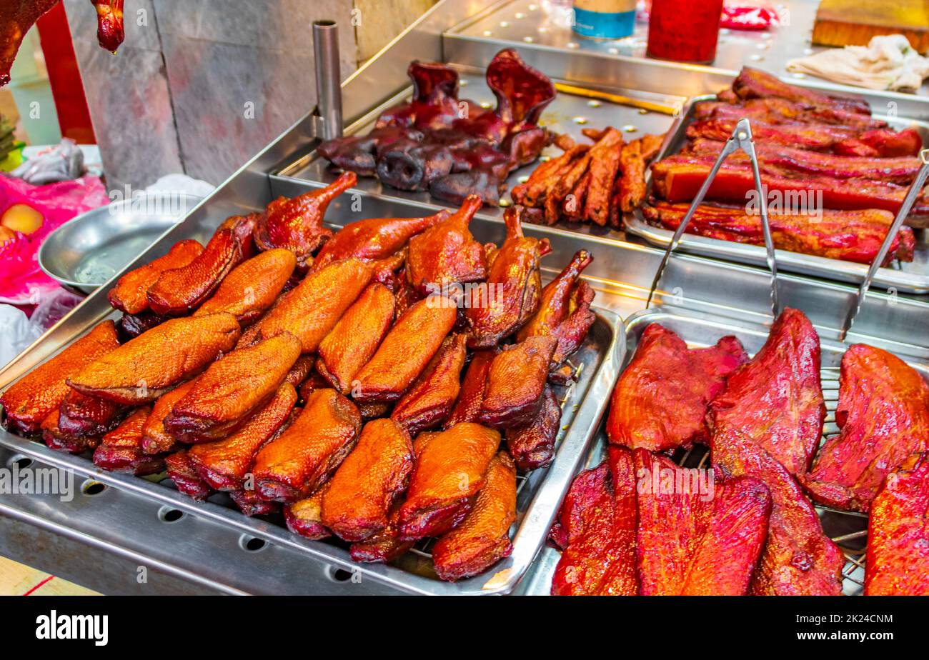 Selection of meat chicken pork face Thai food and Chinese cuisine in ...