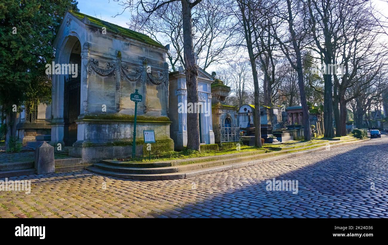 Paris, France - January 01, 2022: Graves and crypts in Pere Lachaise Cemetery, This cemetery is ...