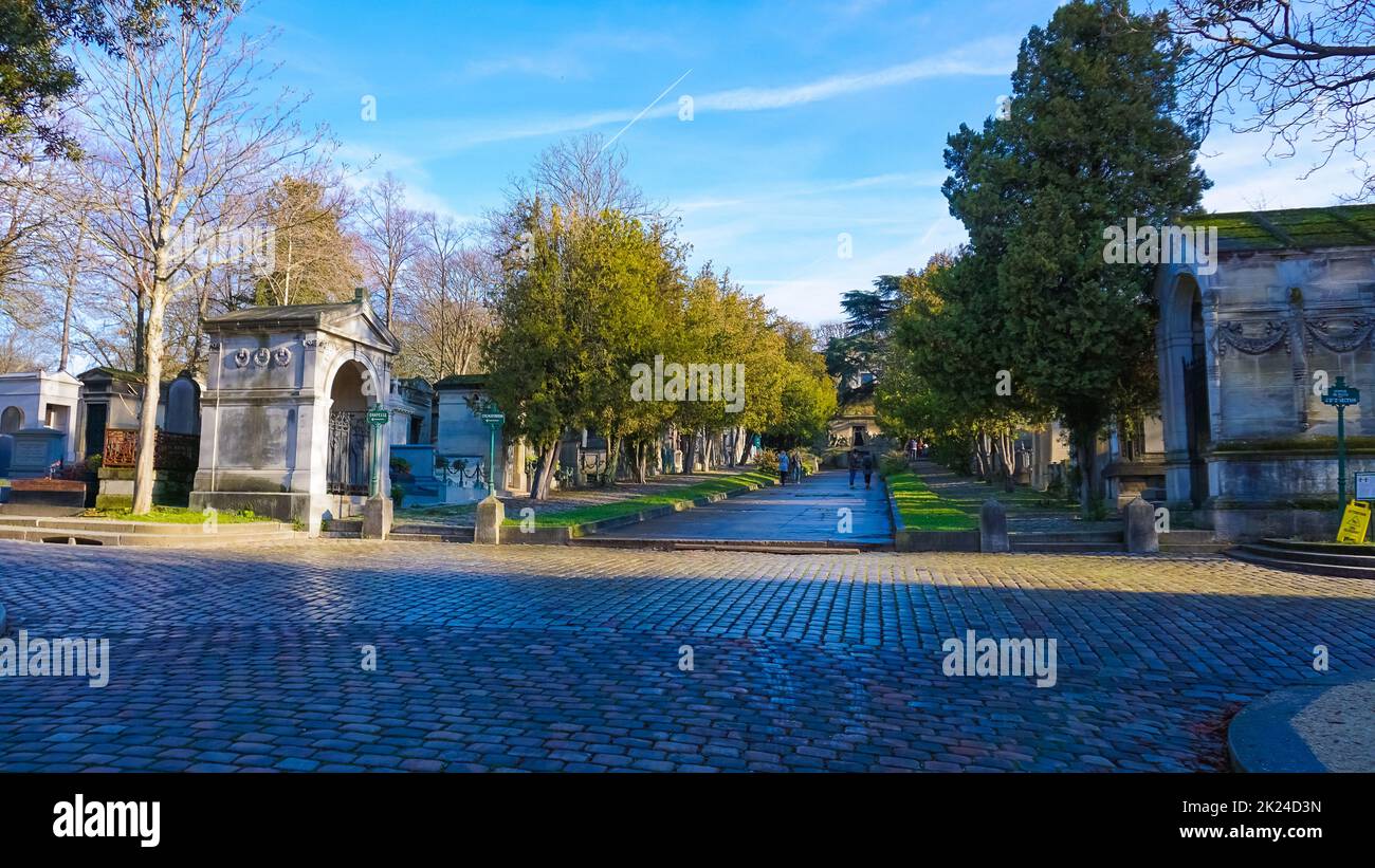 Paris, France - January 01, 2022: Graves and crypts in Pere Lachaise Cemetery, This cemetery is ...