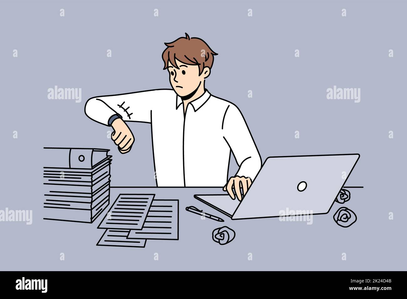 Business deadline and overwork concept. Stressed young businessman ...