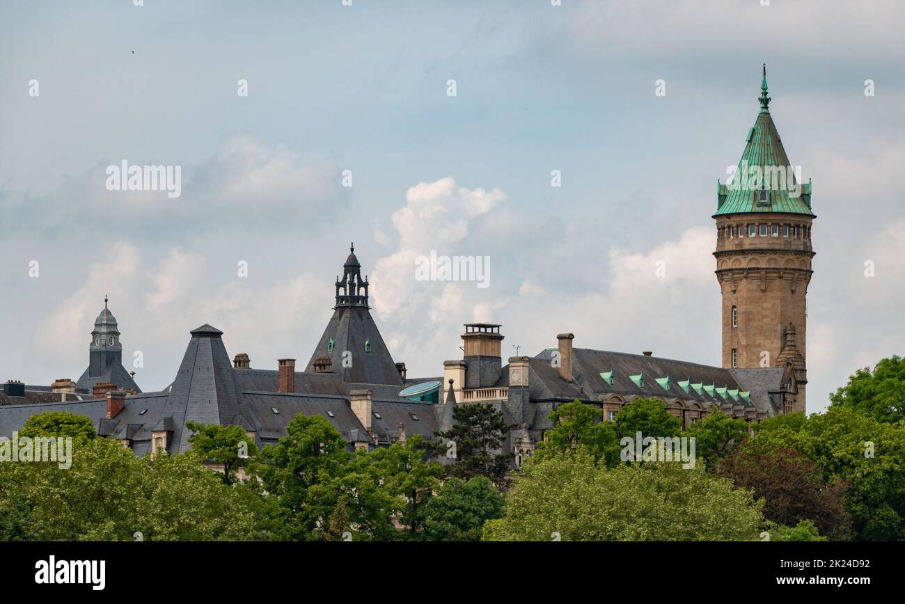 A picture of the Bank Museum Luxembourg's tower and rooftops as seen ...
