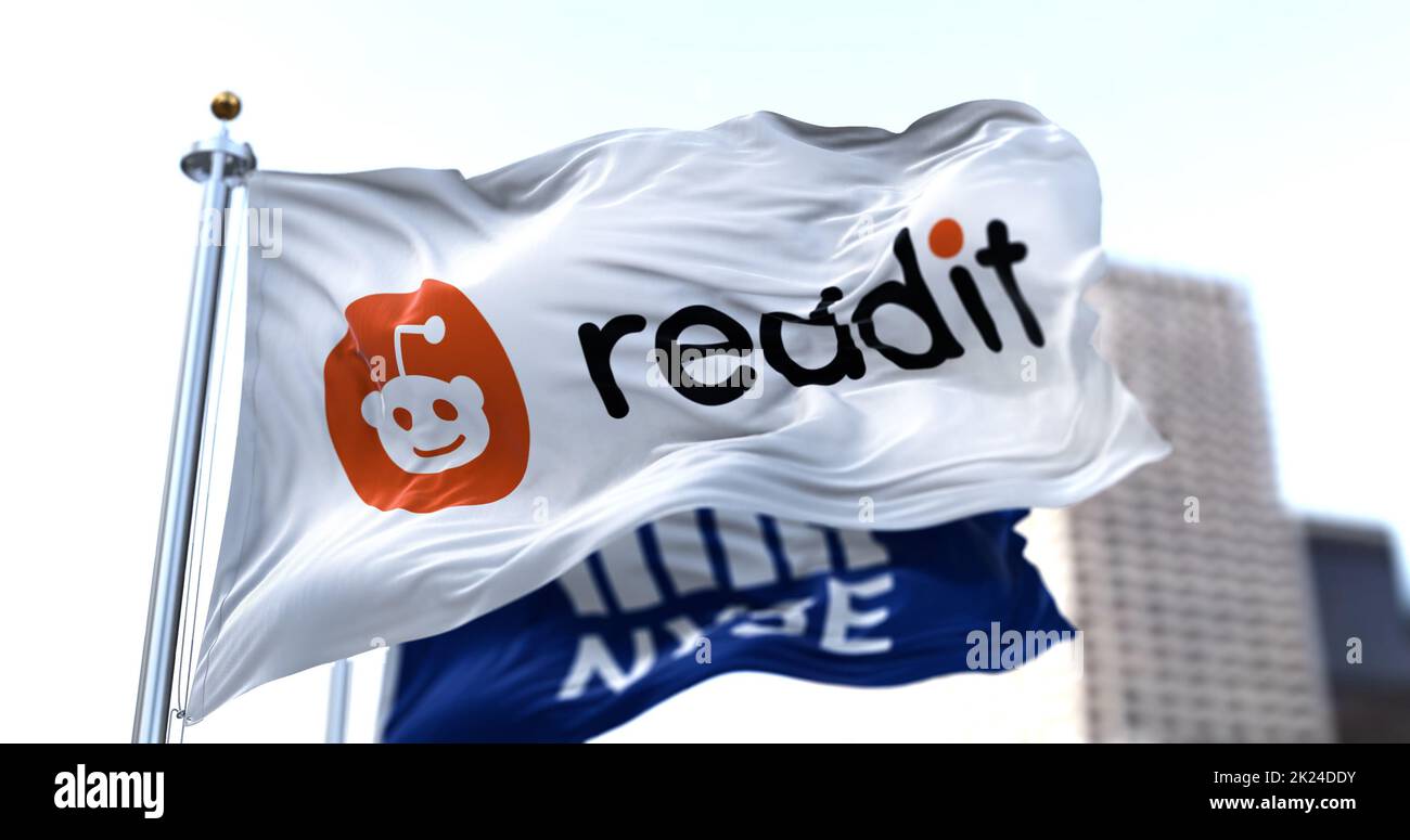 New York, USA, January 18, 2022: Flags of Reddit and the NYSE waving in ...