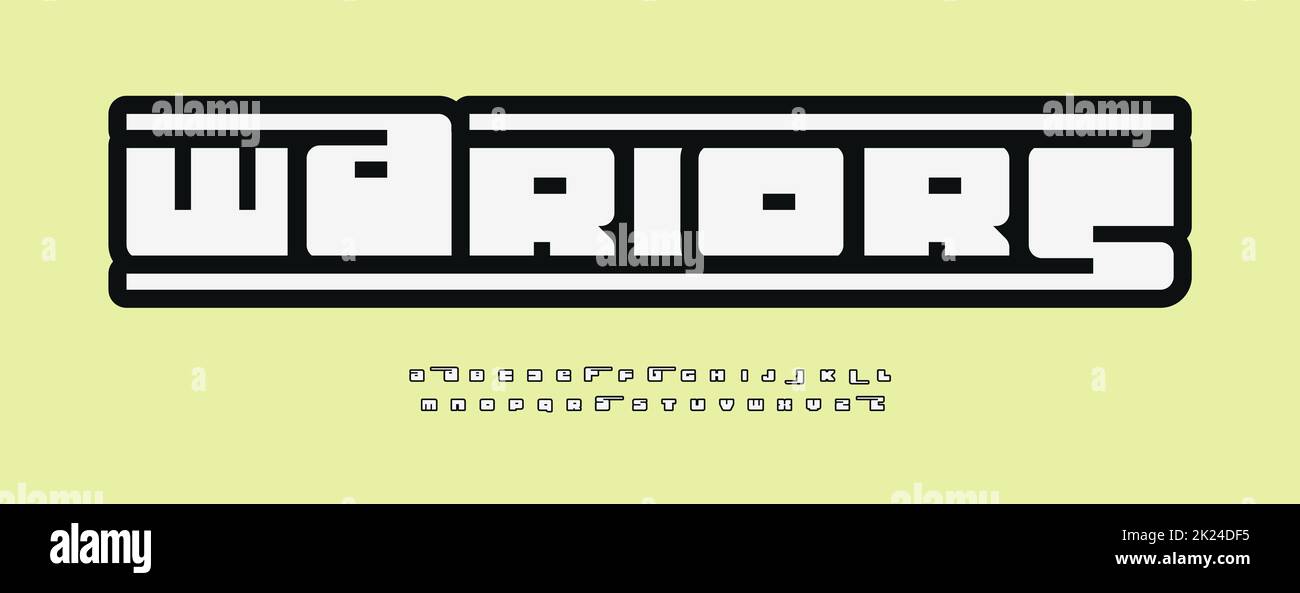 Modern modular alphabet, white letters with black outline, geometric ...