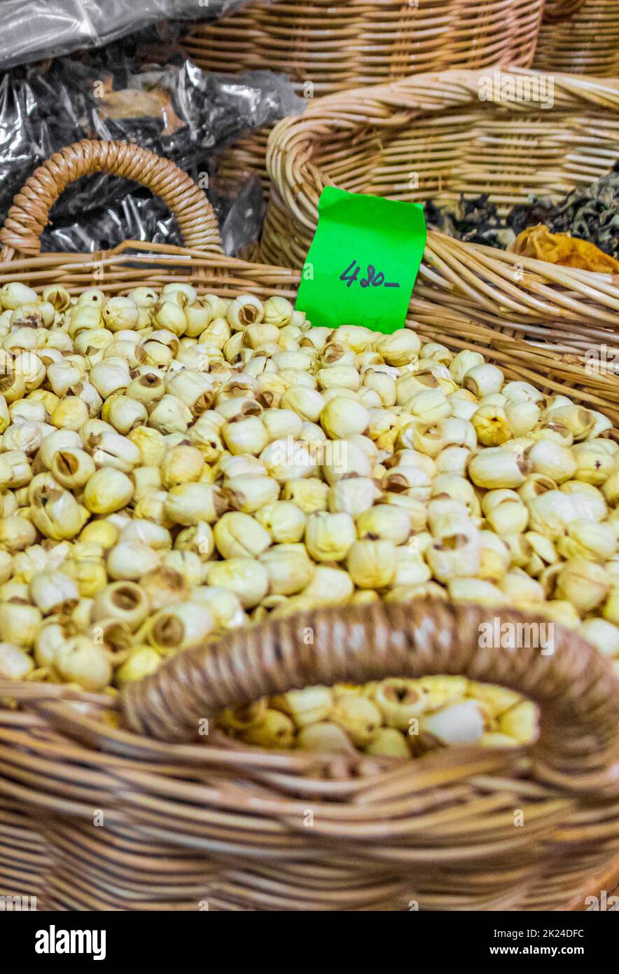Selection of nuts and seeds in baskets Thai food and Chinese cuisine in ...