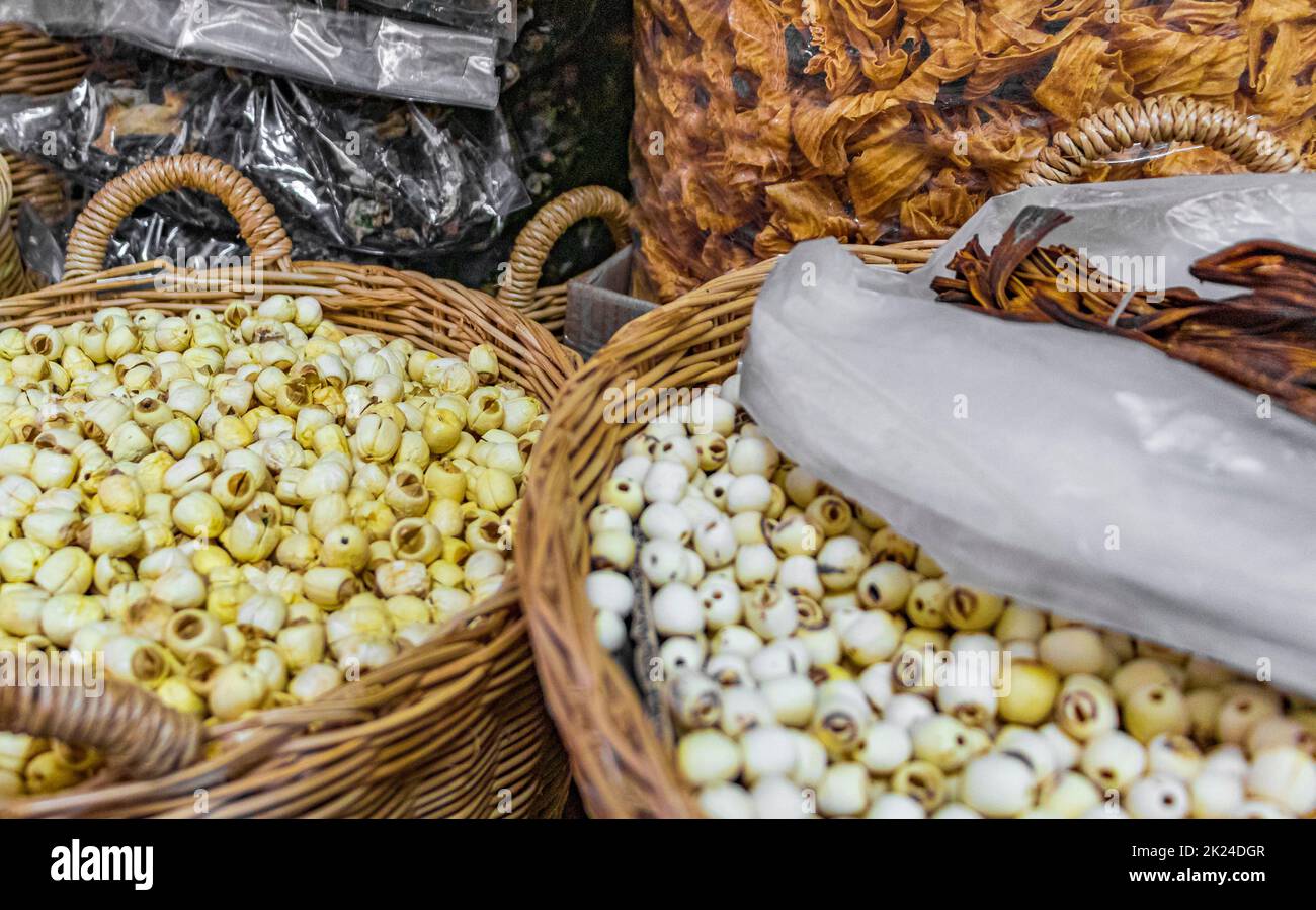 Selection of nuts and seeds in baskets Thai food and Chinese cuisine in ...
