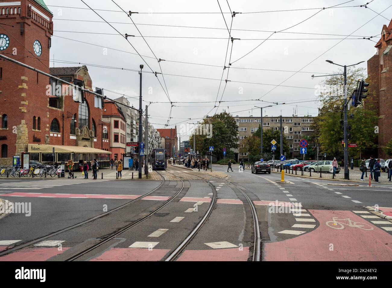 WROCLAW, POLAND - OCTOBER 14, 2021: Old city streets. Transport ...