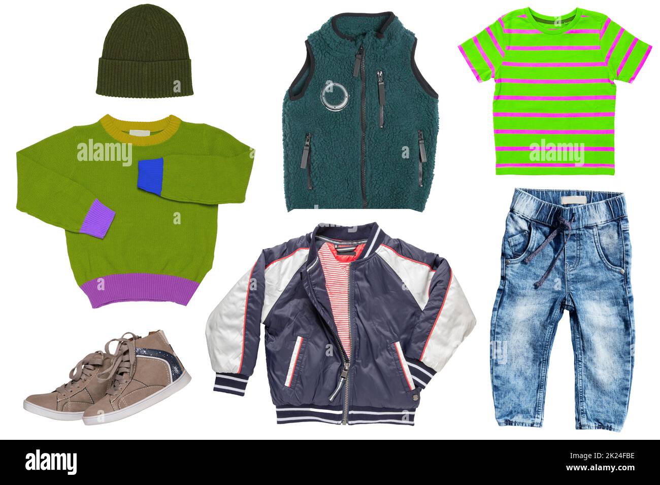 Collage set of little boy autumn clothing isolated on a white ...