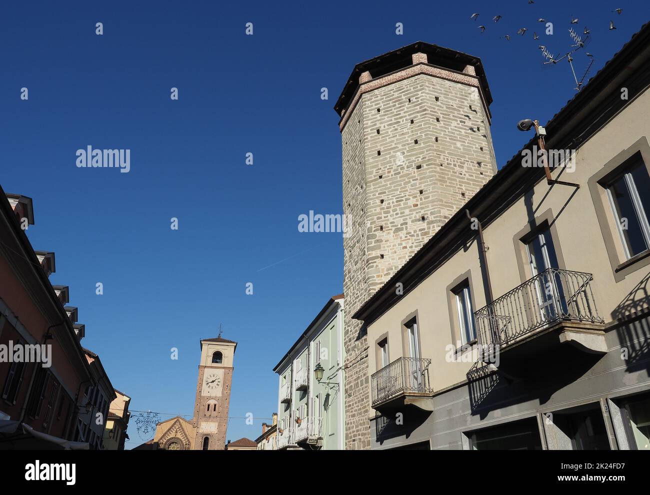 Duomo church and Torre ottagonale medieval castle tower in Chivasso ...