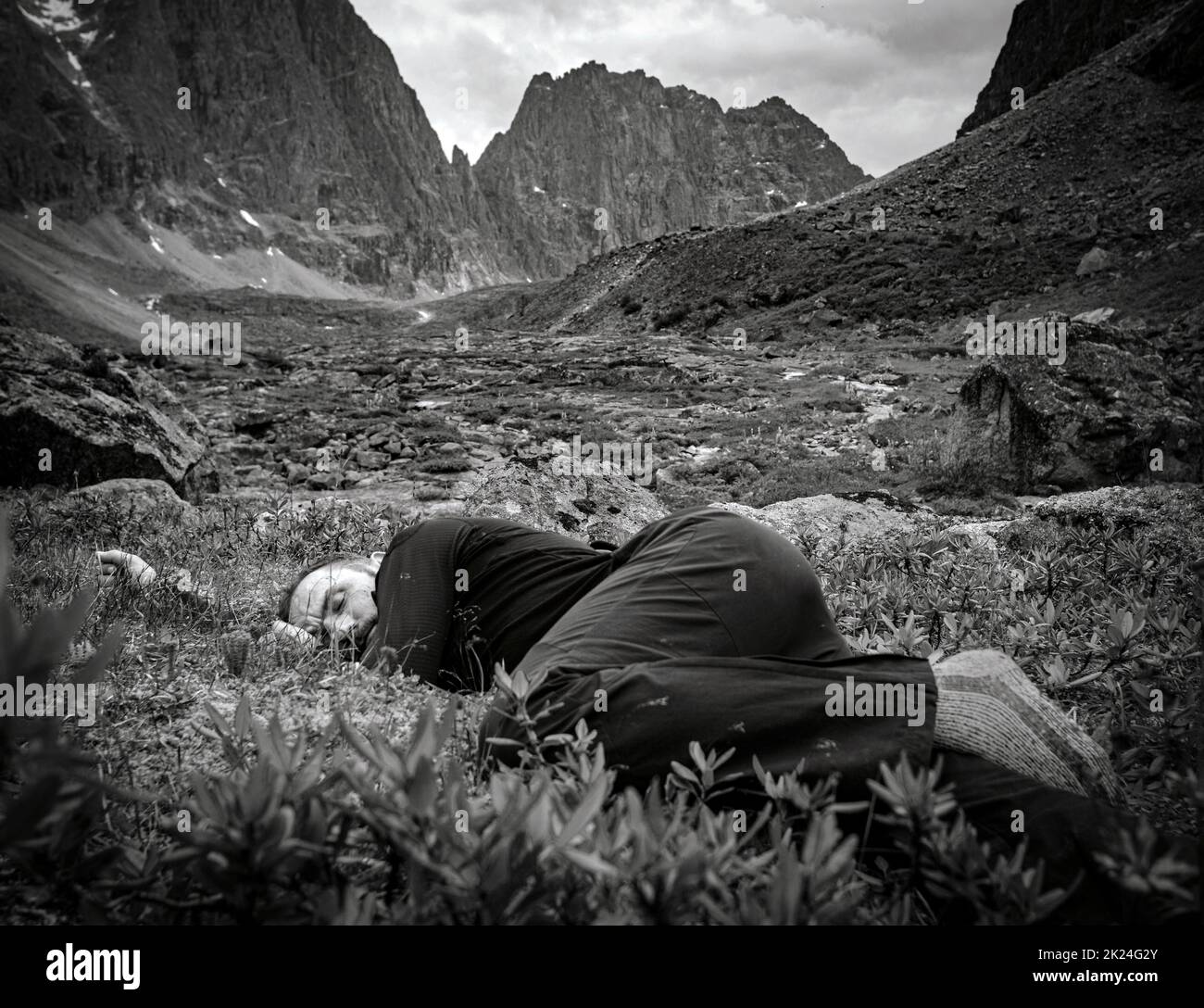 30th of July 2018, Russia, Kodar mountain region, mountaineer sleeps on ...
