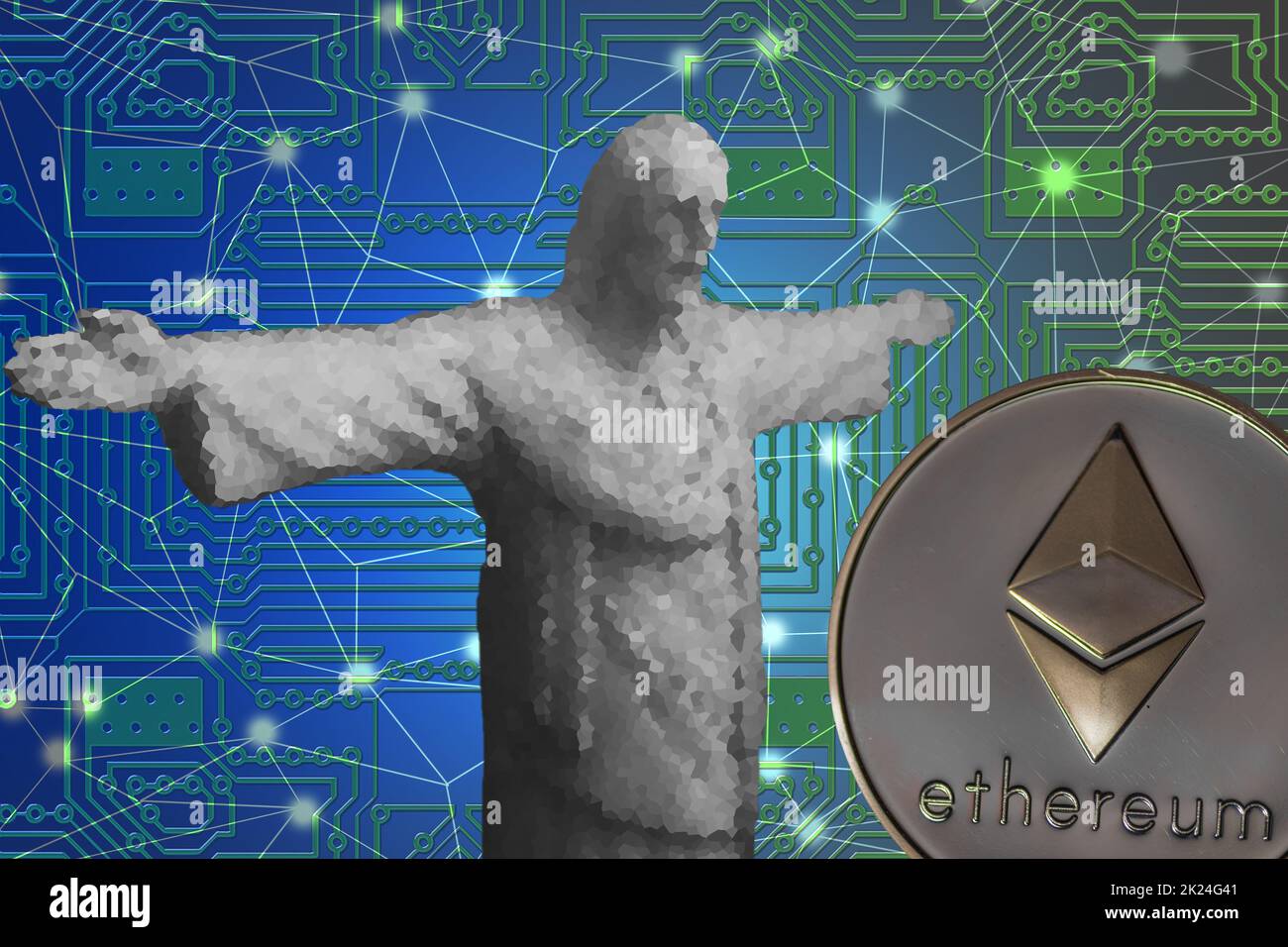 gray jesus statue with a facet effect with a valueable ether coin and a ...