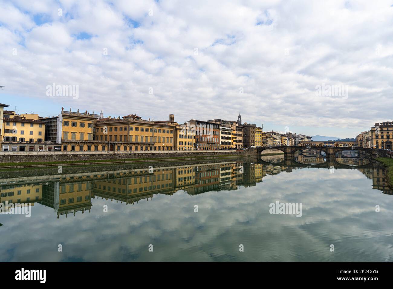 Florence, Italy. January 2022. Santa Trinita bridge on the Arno river ...