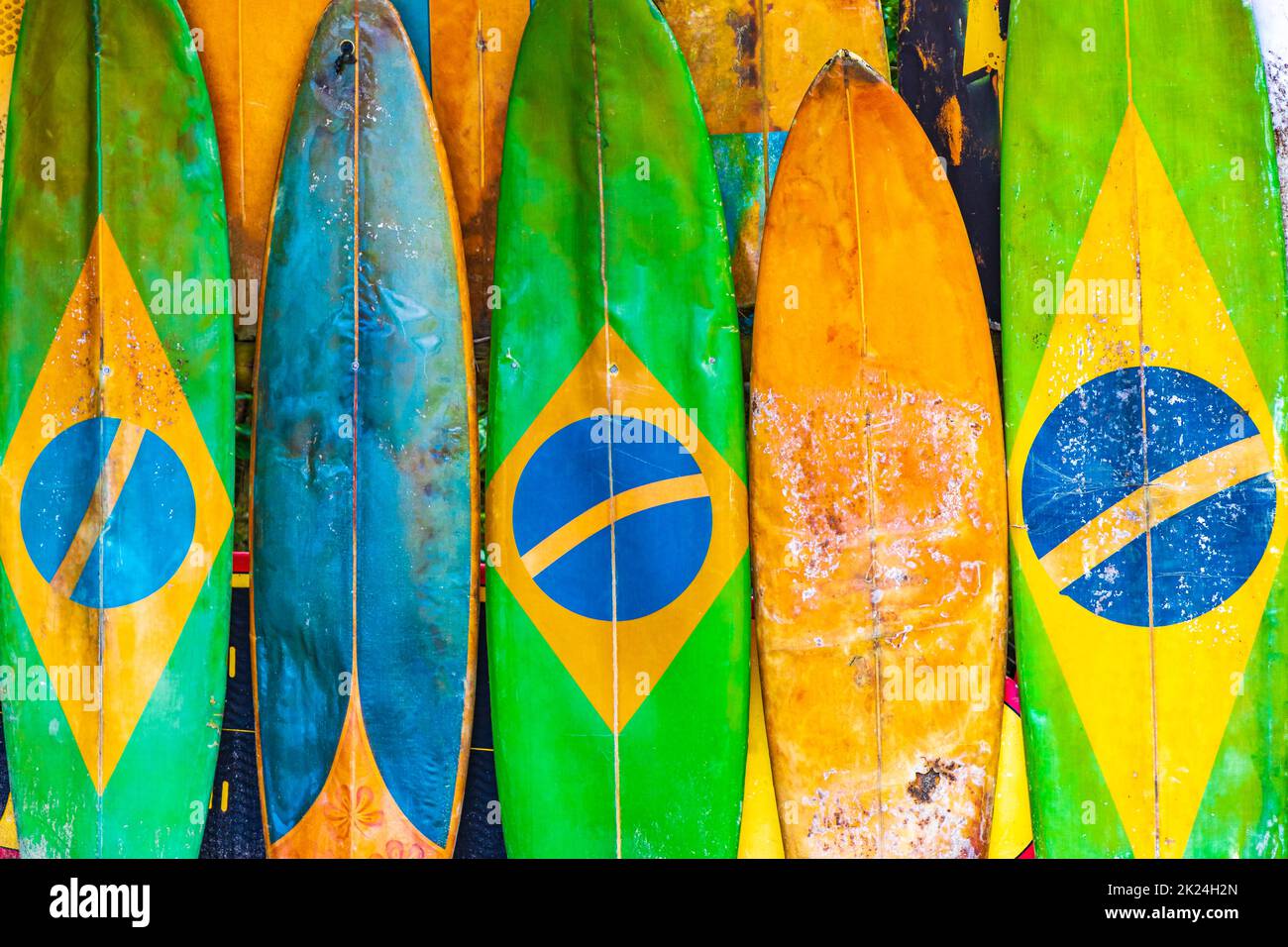 Colorful Surfboards with brazilian flag at the amazing Mangrove beach ...