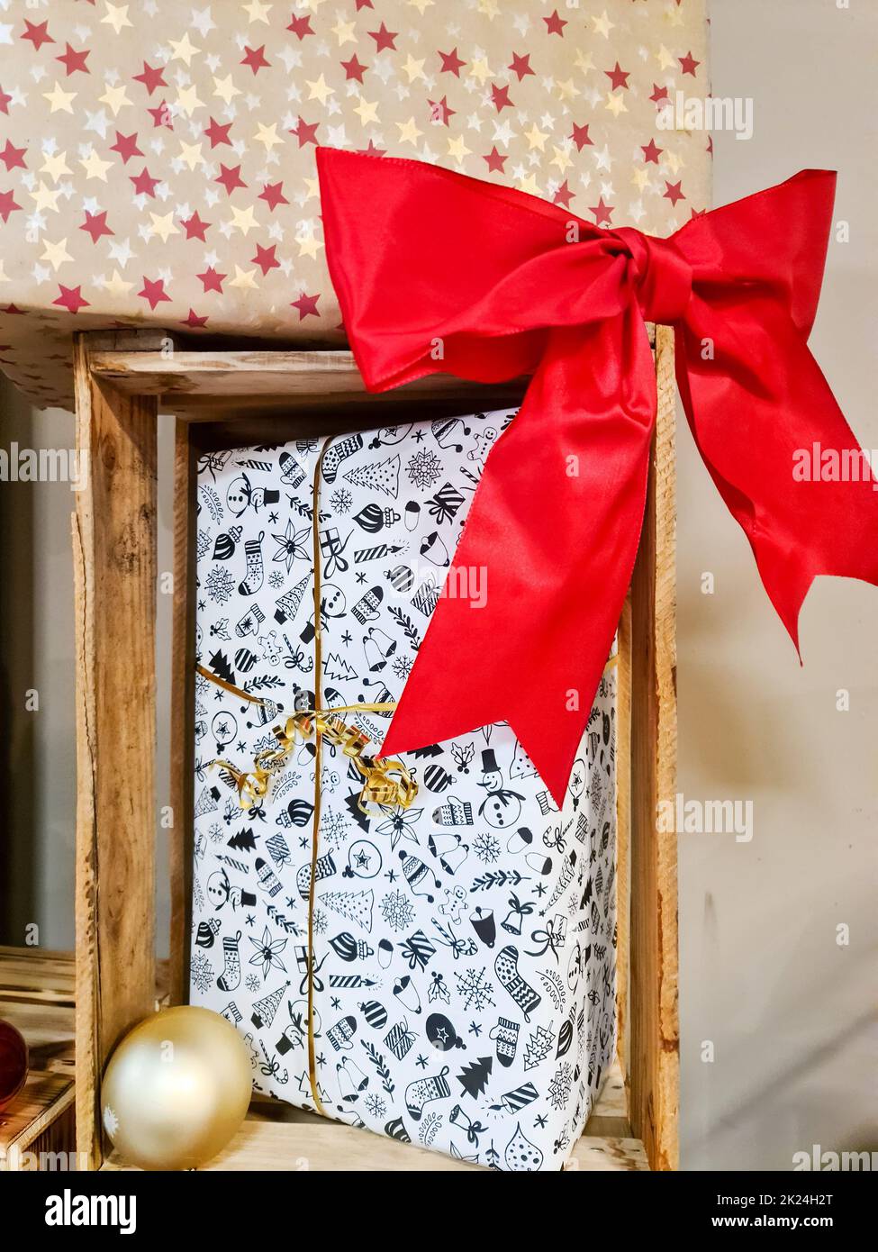 Elaborately wrapped gifts with a bow to decorate a shop window Stock ...