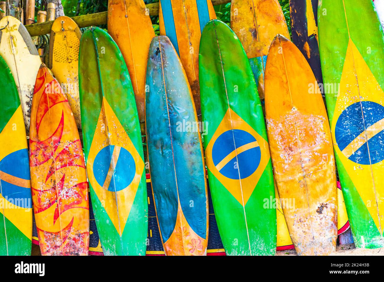 Colorful Surfboards with brazilian flag at the amazing Mangrove beach ...