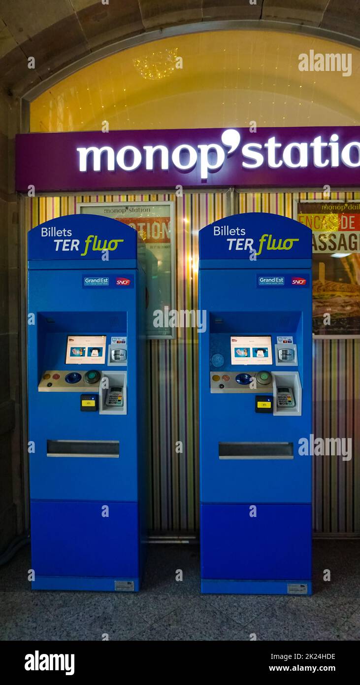 Strasbourg, Alsace, France - December 30, 2021: Train ticket vending ...