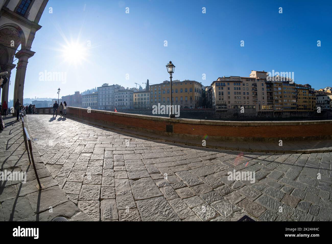 Florence, Italy. January 2022. fisheye view of the Lungarno riverside ...