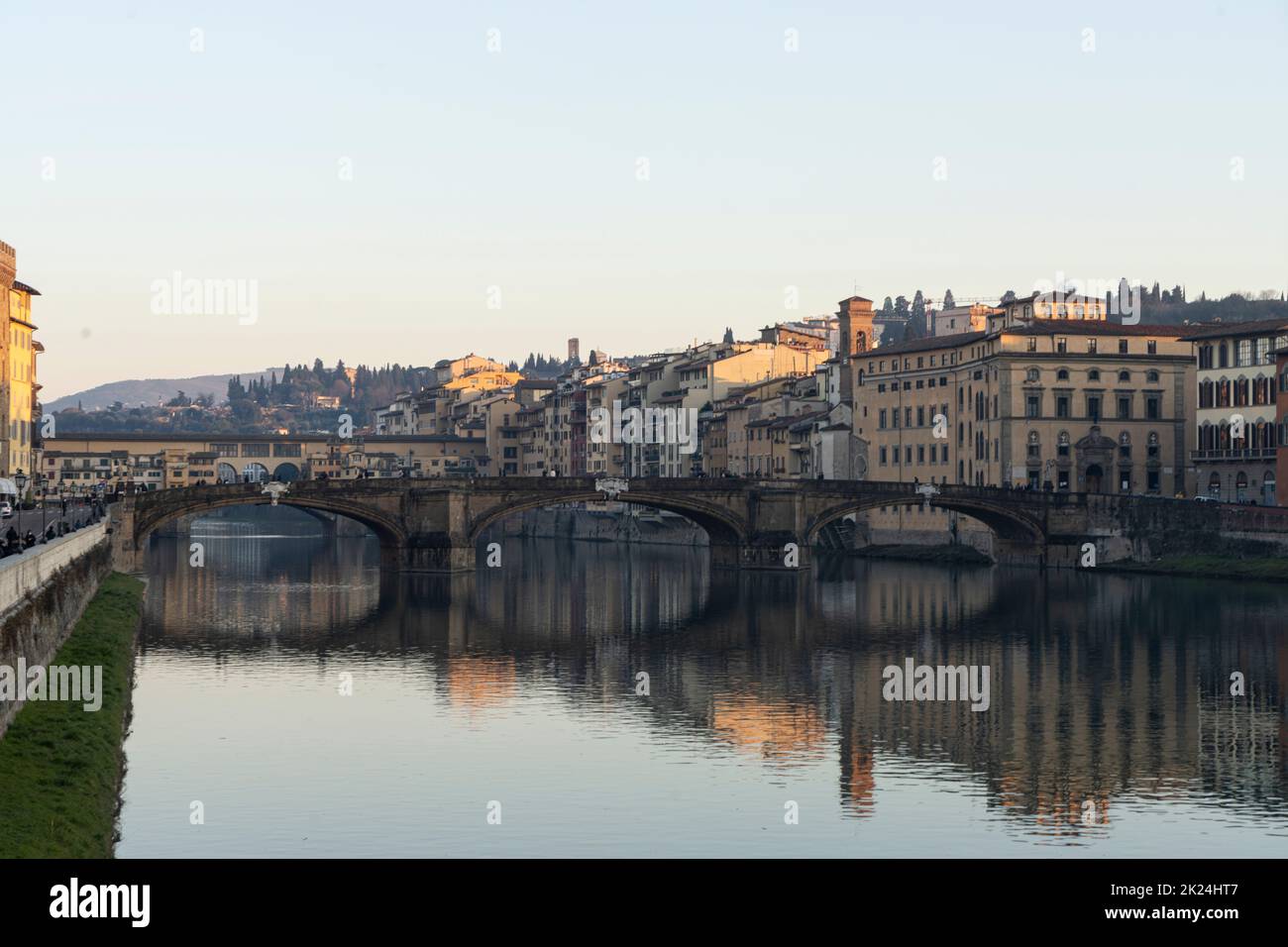 Florence, Italy. January 2022. Santa Trinita bridge on the Arno river ...