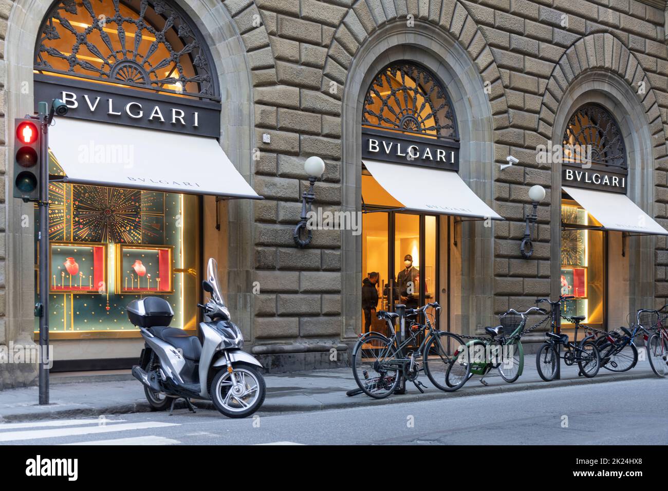 Florence, Italy. January 2022. the view of the windows of the Bulgari ...