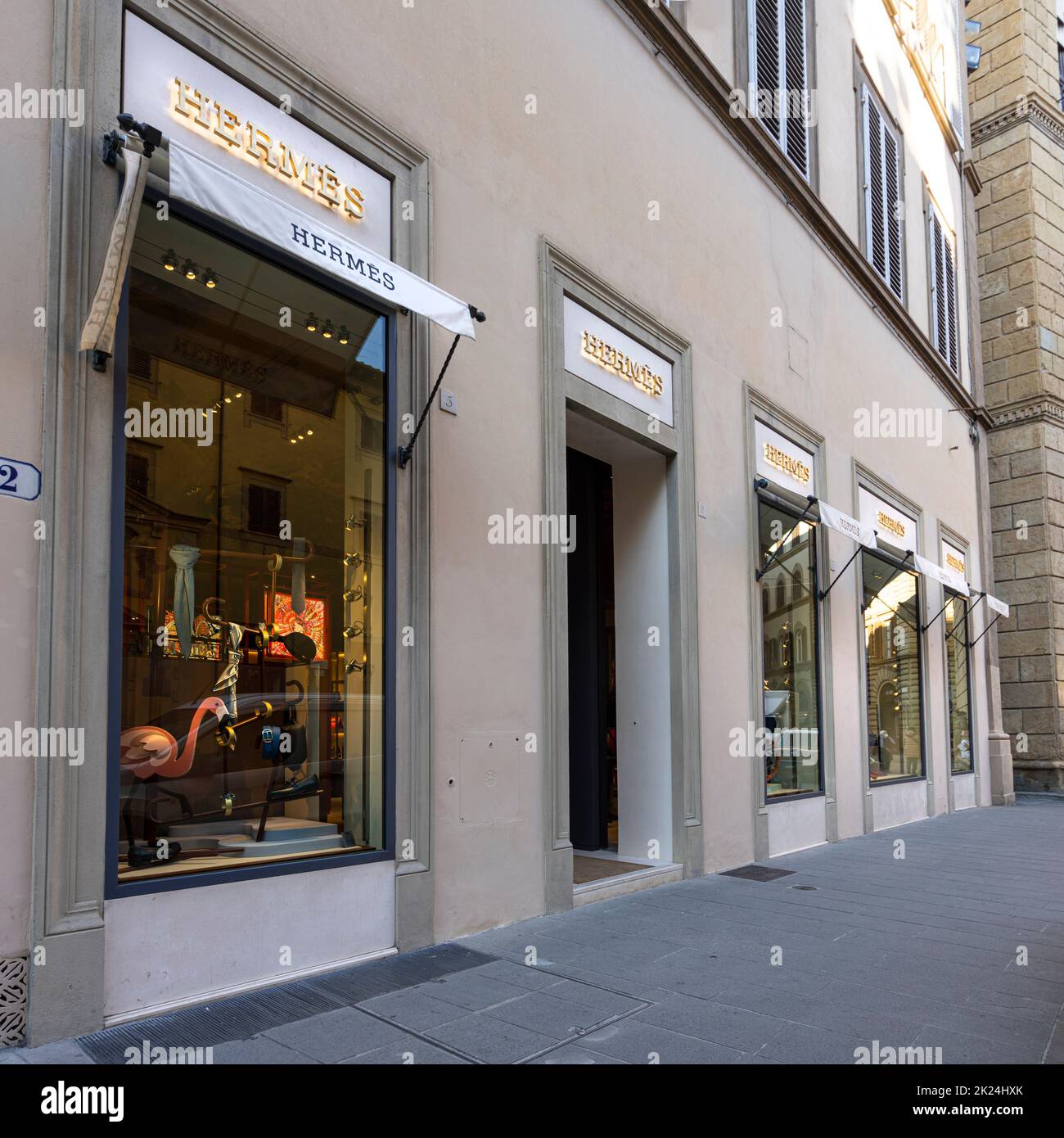 Florence, Italy. January 2022. the view of the windows of the Hermes ...
