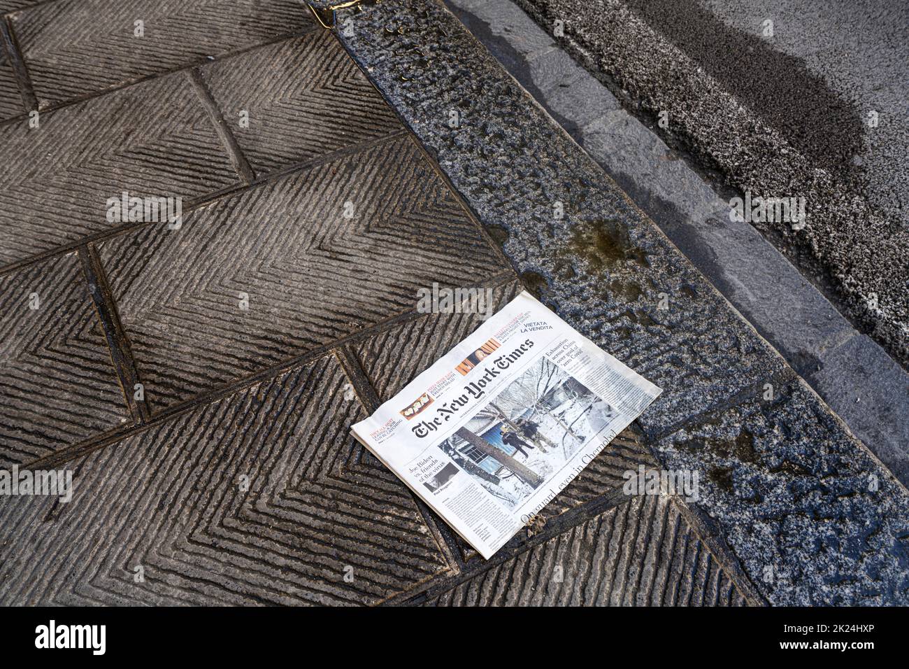 Florence, Italy. January 2022. a copy of the New York Times newspaper ...