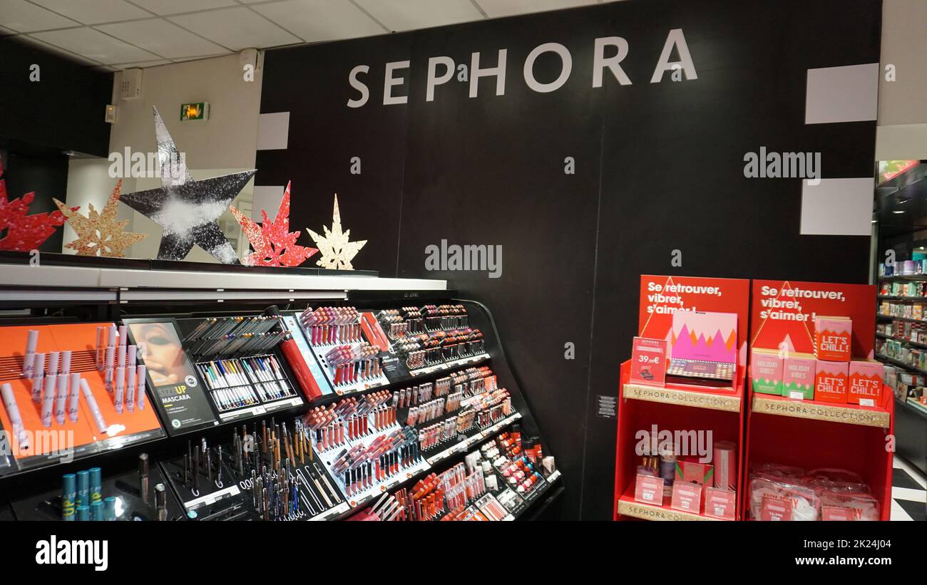Colmar, France - December 30, 2021: Various colour of lipsticks in ...