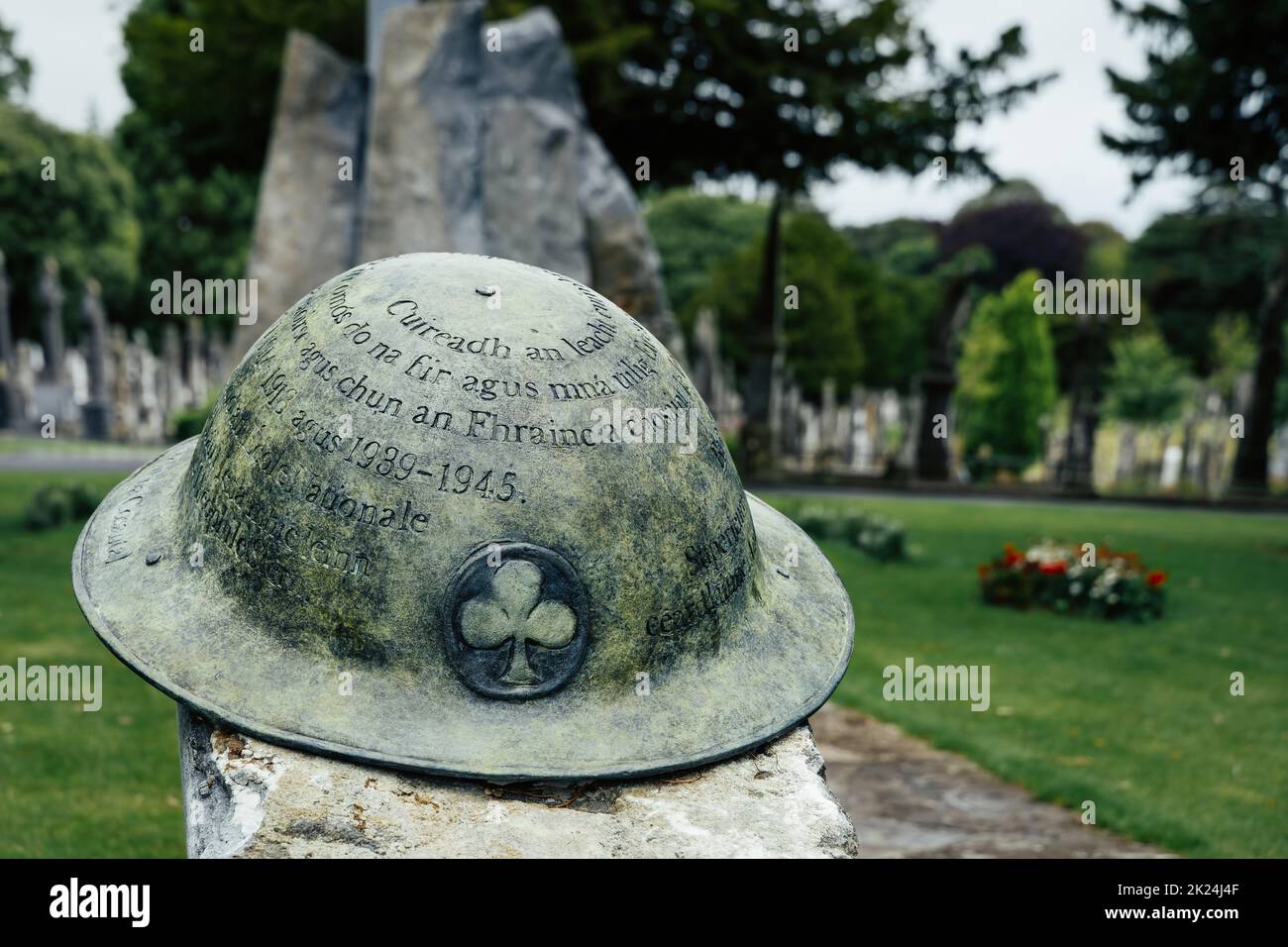 Dublin, Ireland, Aug 2019 Closeup on Irish infantry helmet, a memorial ...