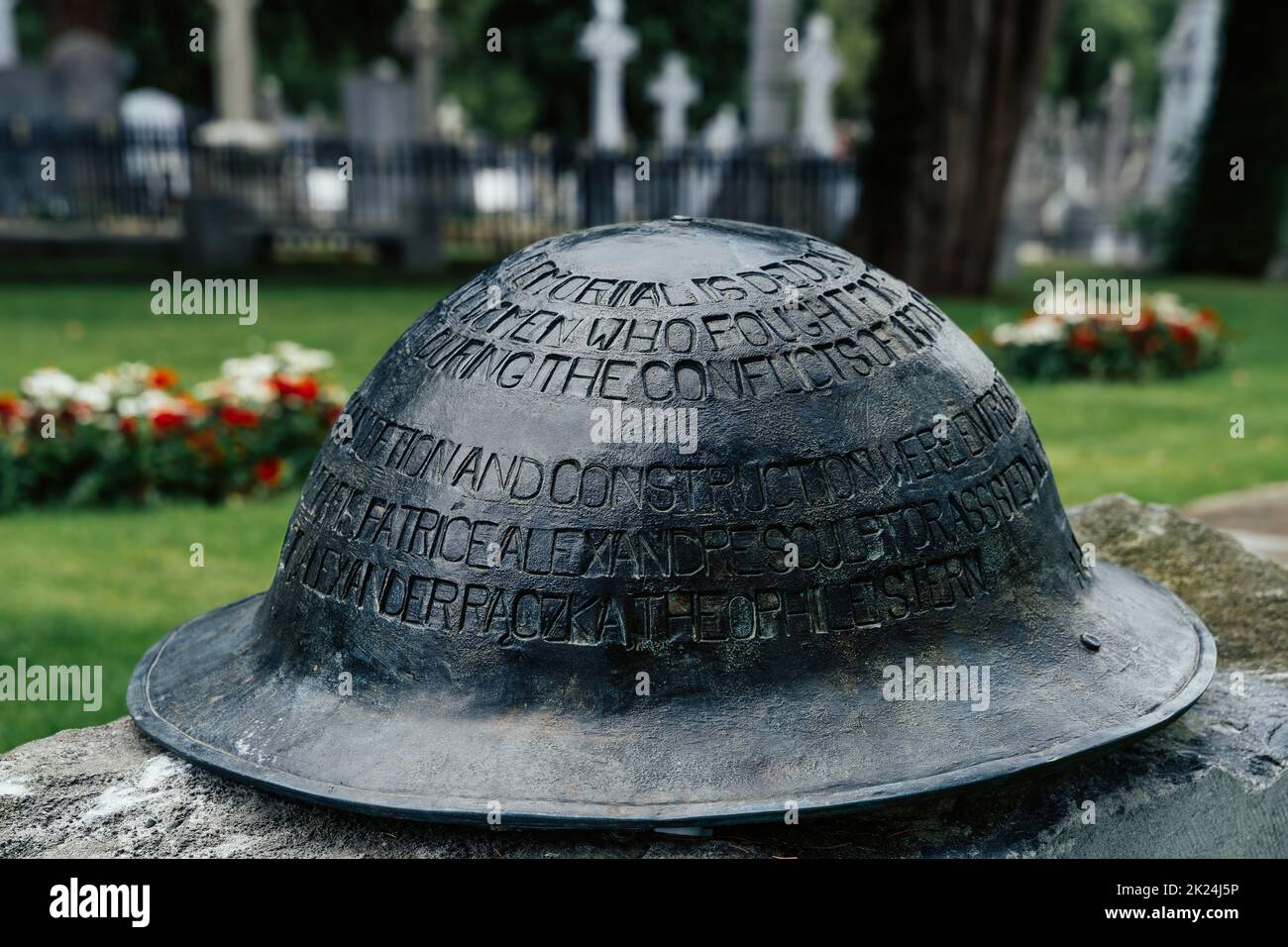 Dublin, Ireland, Aug 2019 Closeup on Irish infantry helmet, a memorial ...