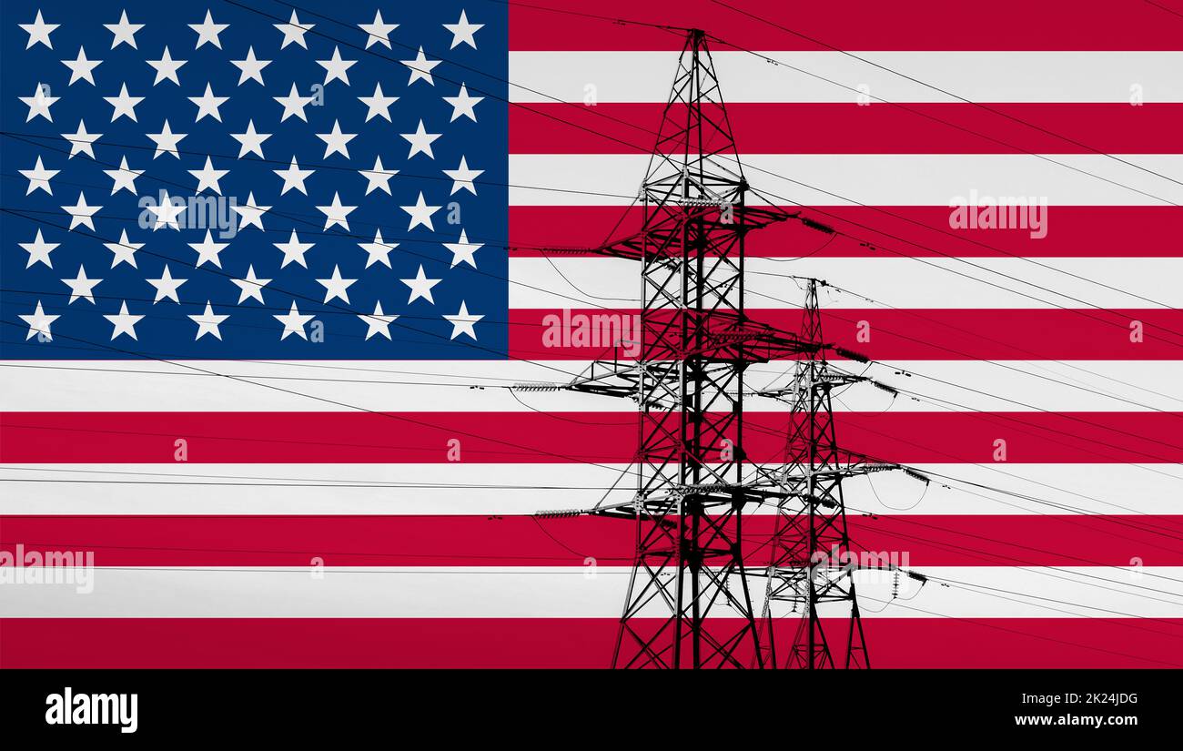 US flag with electric tower and lines Stock Photo - Alamy