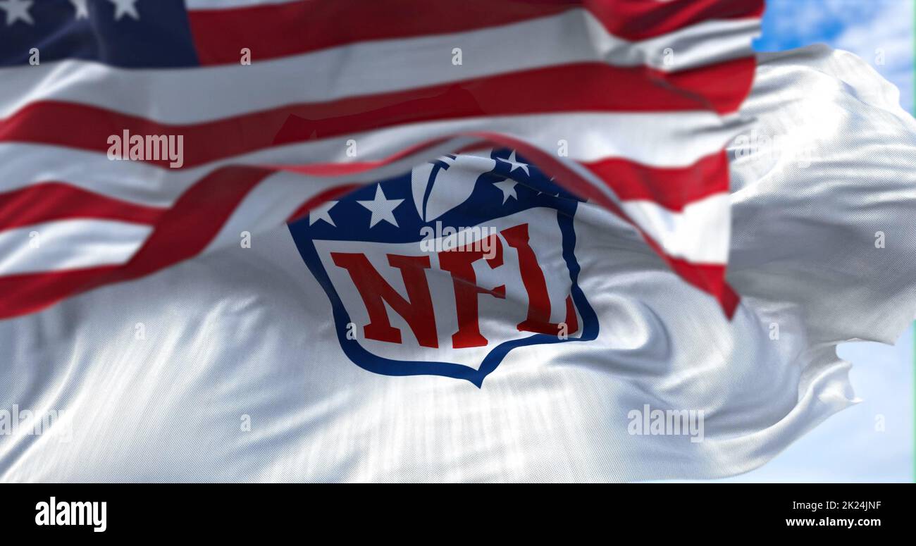 Inglewood, CA, USA, January 2022: The flag with the NFL logo waving in ...